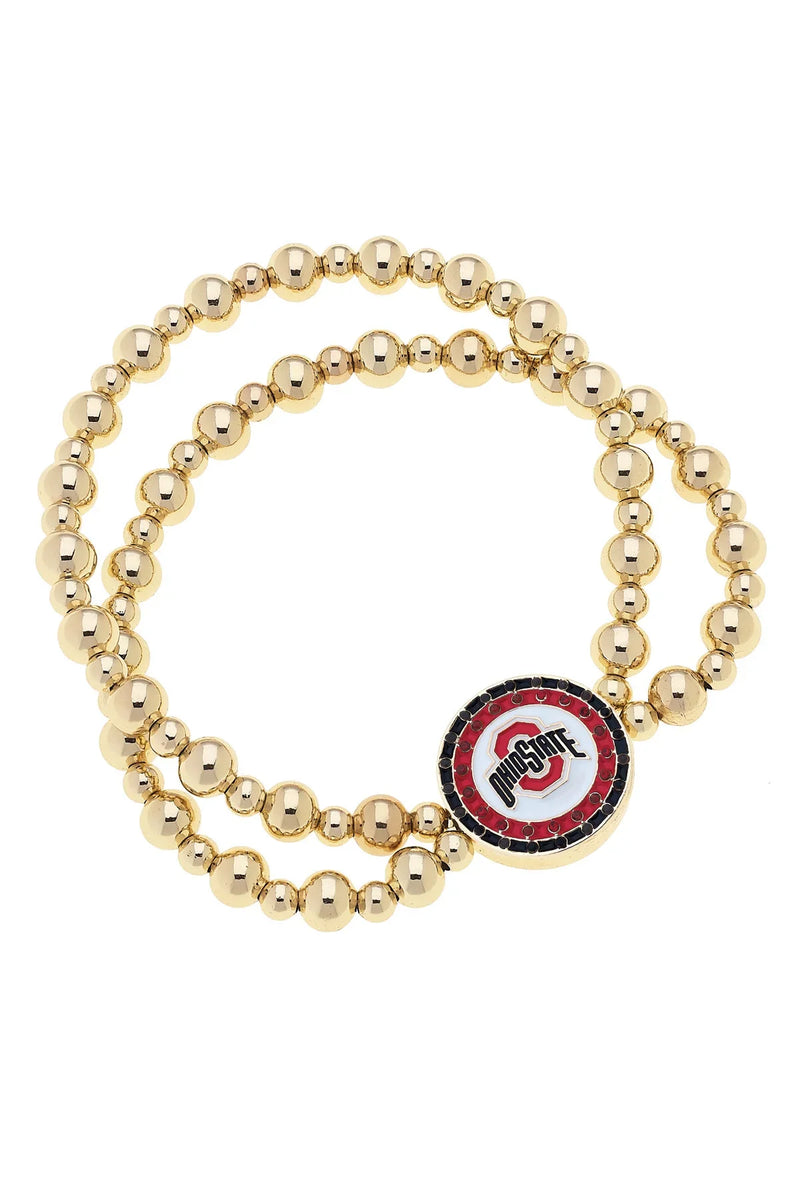 Ohio State Buckeyes Pave Disc 2-Row Ball Bead Stretch Bracelet in Shiny Gold – Canvas Style