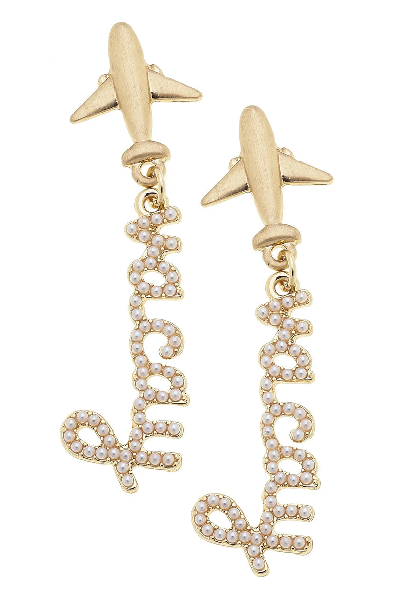 Jet Setter Pearl-Studded "Vacay" Earrings in Shiny Gold – Canvas Style