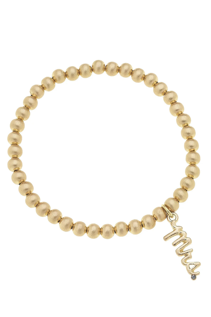 Mrs. Cursive Script Ball Bead Stretch Bracelet in Satin Gold – Canvas Style