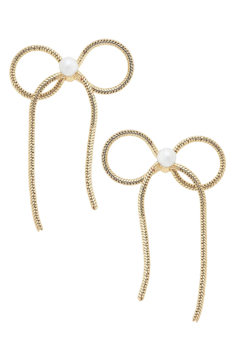 Hadley Cord Tied Pearl Bow Earrings in Shiny Gold – Canvas Style