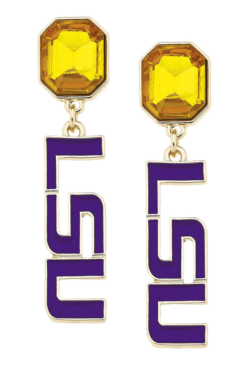 LSU Tigers Rhinestone Enamel Logo Earrings in Shiny Gold – Canvas Style