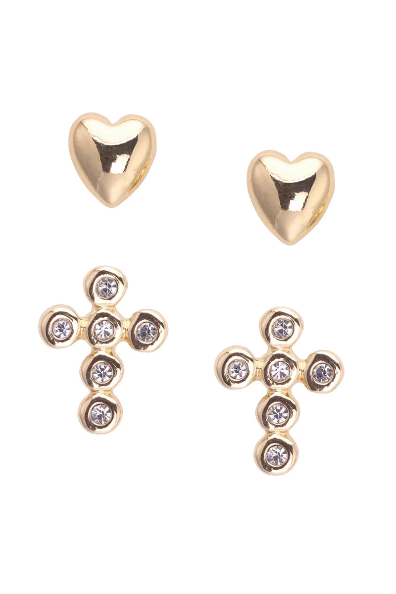 Tatum Heart & Pave Cross Children's Stud Earrings Set of 2 in Shiny ...