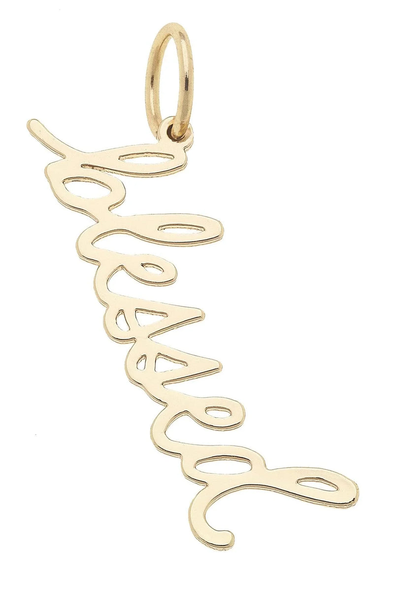 "Blessed" Cursive Script Charm in Shiny Gold – Canvas Style
